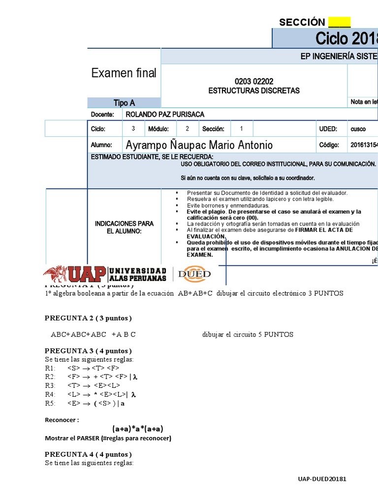 Examen Final - Estructuras Discretas | PDF | Teoría de grafos | Vértice (teoría de grafos)