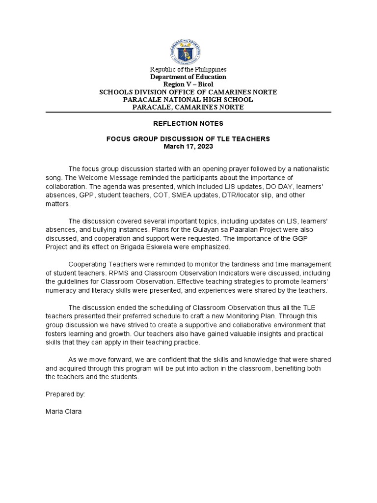 FGD Reflection Notes | Download Free PDF | Teachers | Learning