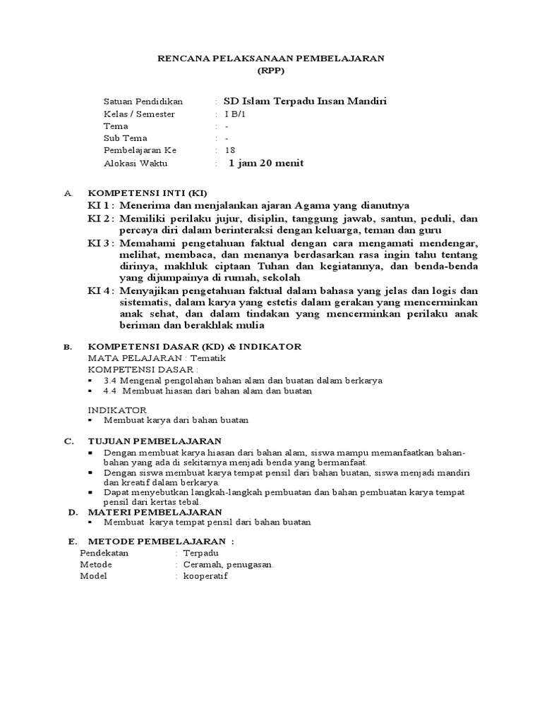 Contoh RPP Terpadu Kelas 1 | PDF