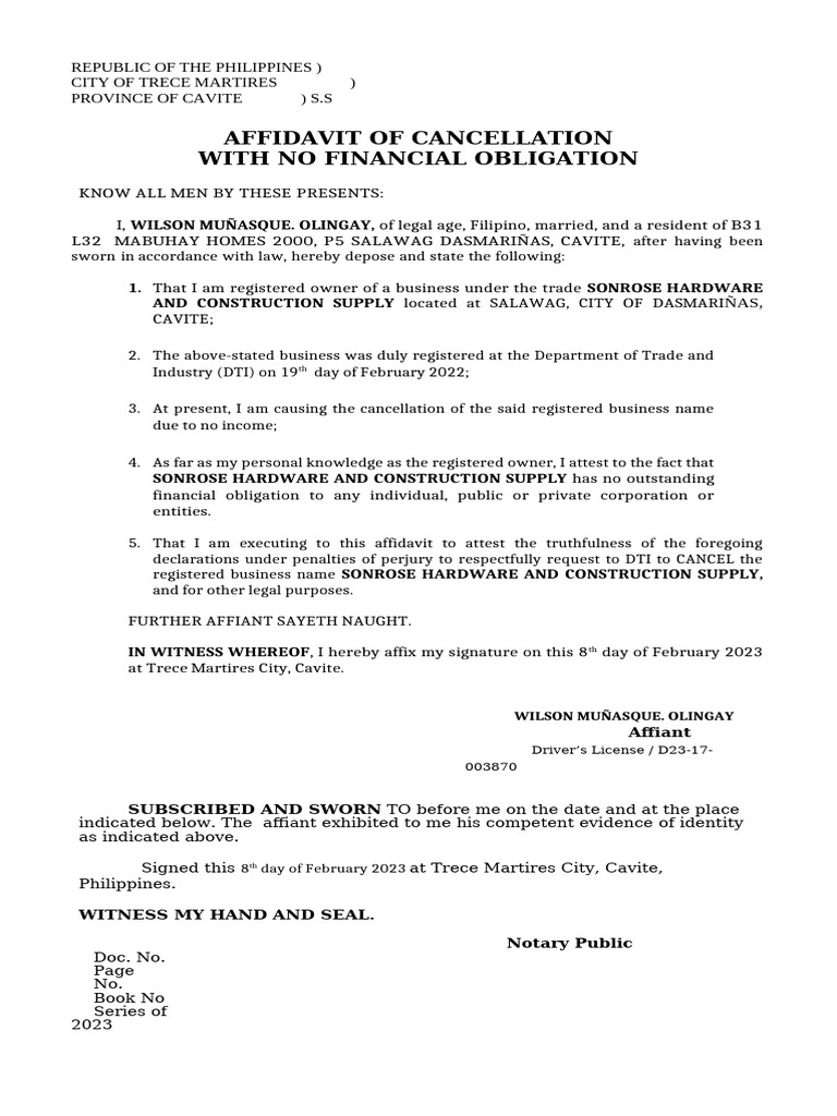 Affidavit of Cancellation | PDF