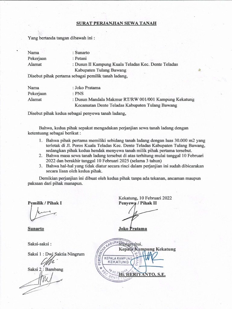SURAT PERJANJIAN SEWA LAHAN | PDF