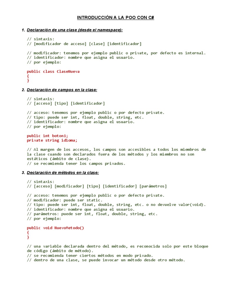 Introducción A La Poo Con C#: 1. Declaración de Una Clase (Desde El Namespace) | PDF ...