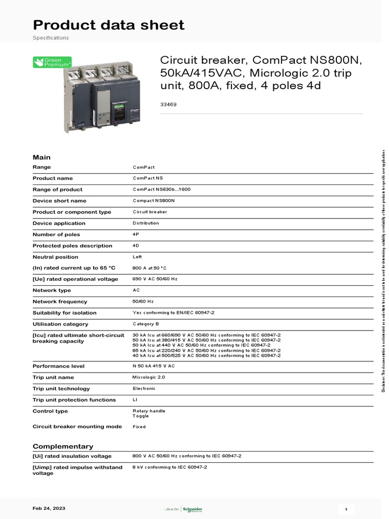 Product Data Sheet: Circuit Breaker, Compact Ns800N, 50Ka/415Vac, Micrologic 2.0 Trip Unit, 800A ...