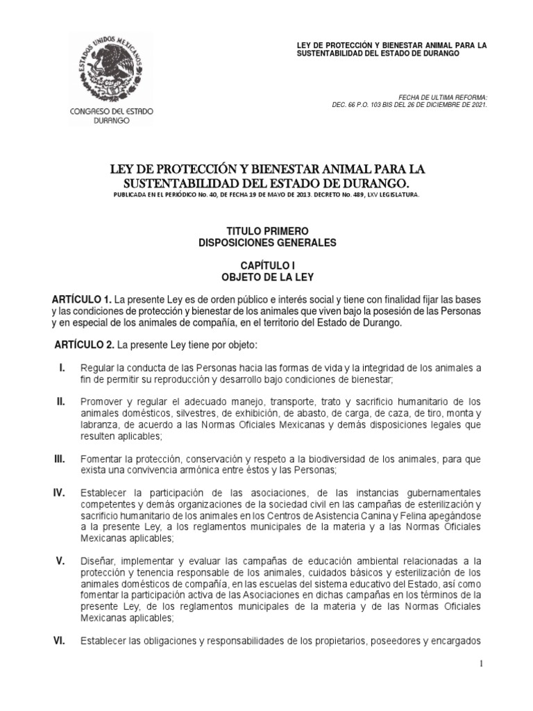 Ley de Proteccion y Bienestar Animal | PDF | zoo | Bienestar de los animales