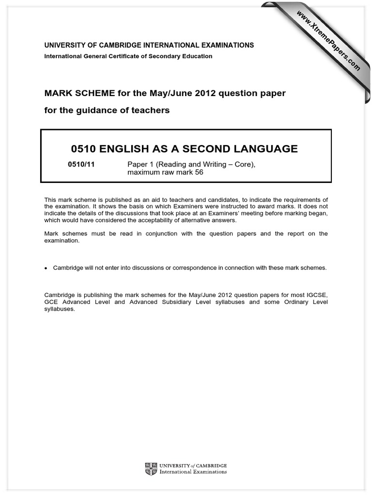 0510 English As A Second Language: MARK SCHEME For The May/June 2012 ...