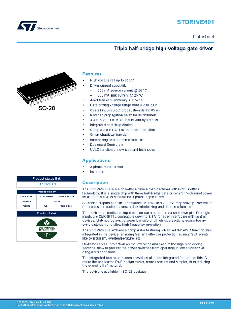 Stdrive601: Triple Half-Bridge High-Voltage Gate Driver | PDF | Power Supply | Logic Gate