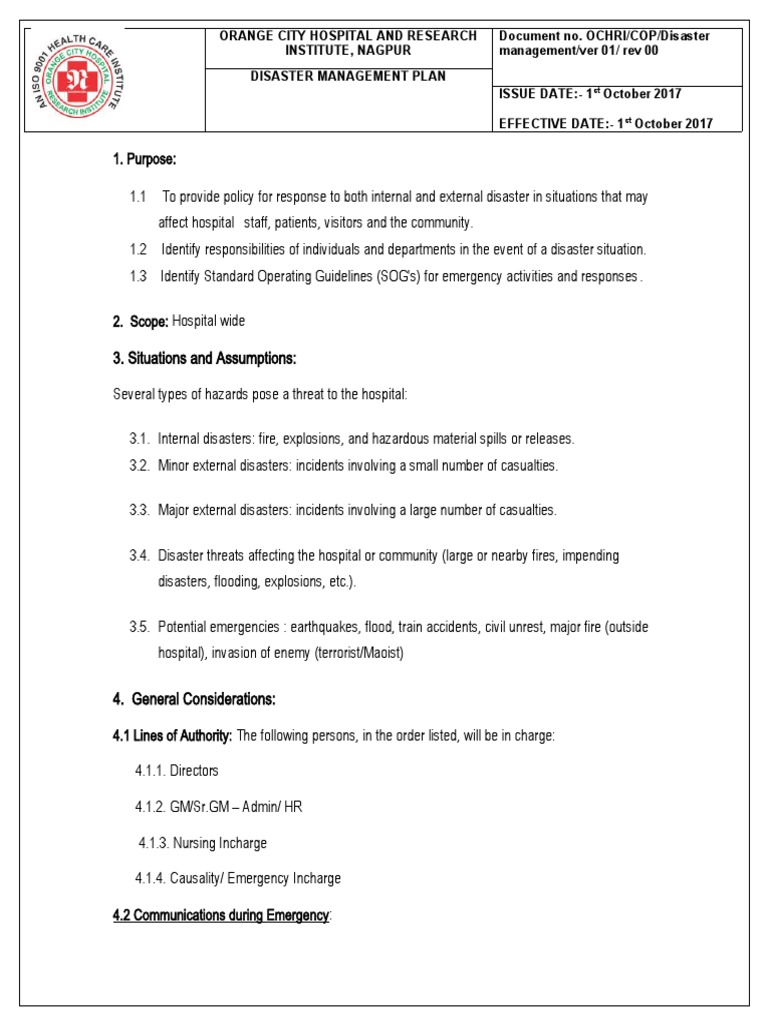 Disaster Management Plan Pdf Emergency Department Hospital