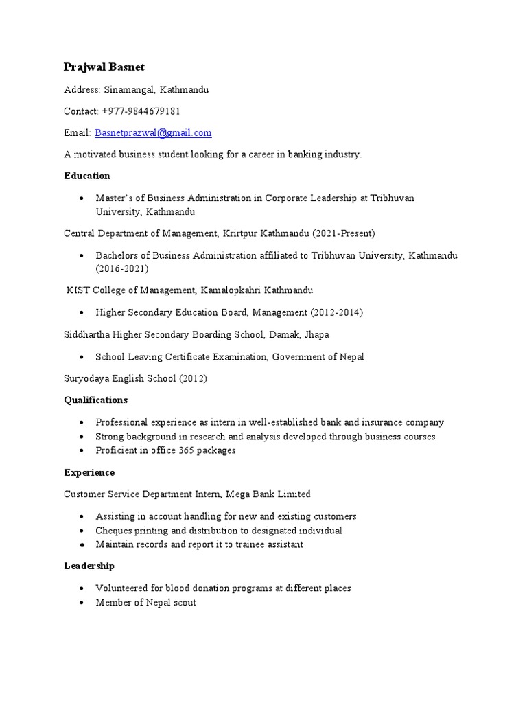 Business Student Seeking Banking Career | PDF