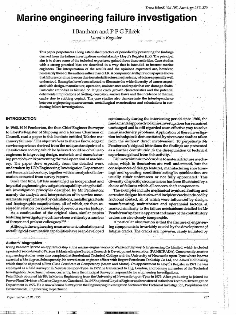 Bantham & Filcek, Marine Engineering Failure Investigations, IMarE | PDF