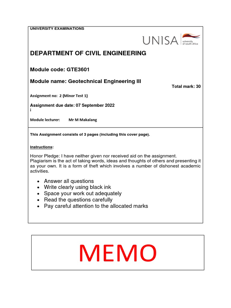 Department of Civil Engineering: Module Code: GTE3601 Module Name: Geotechnical Engineering III ...