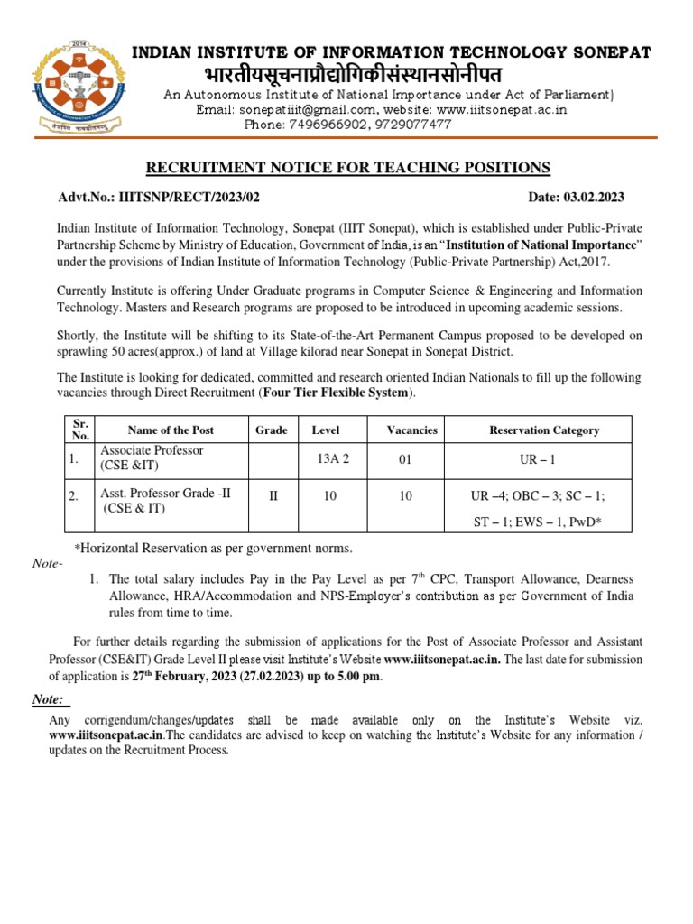 IIIT Sonepat Detailed Advertisement Assistant Professor Associate Professor Final | PDF | Doctor ...