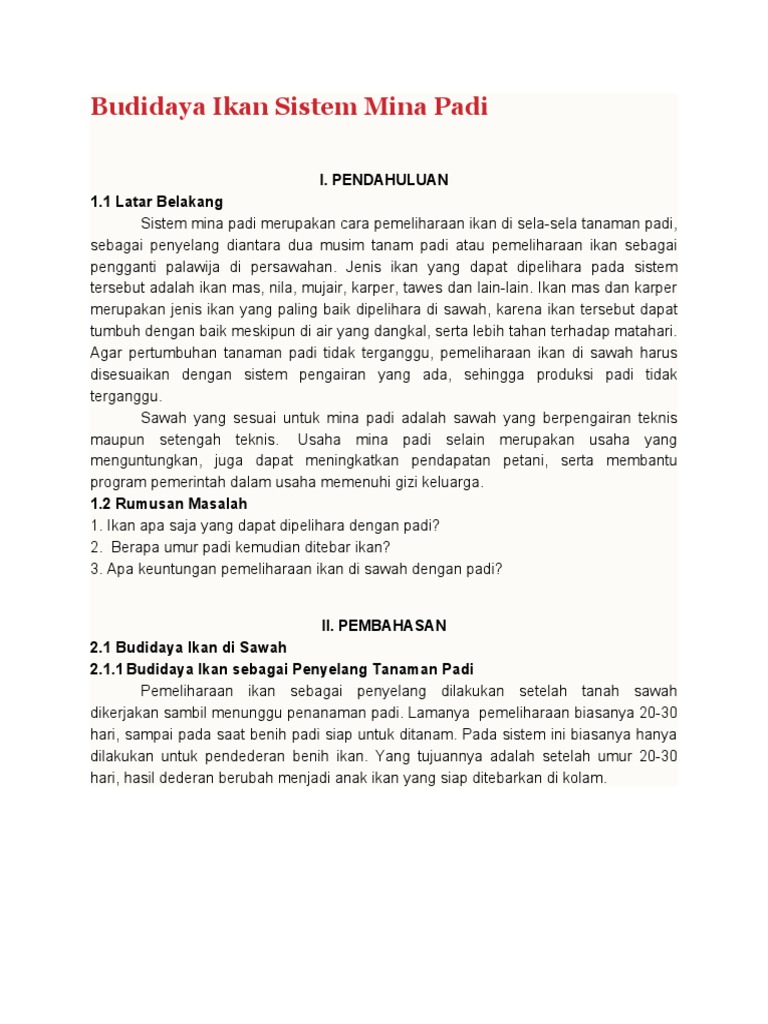 Budidaya Ikan Sistem Mina Padi | PDF