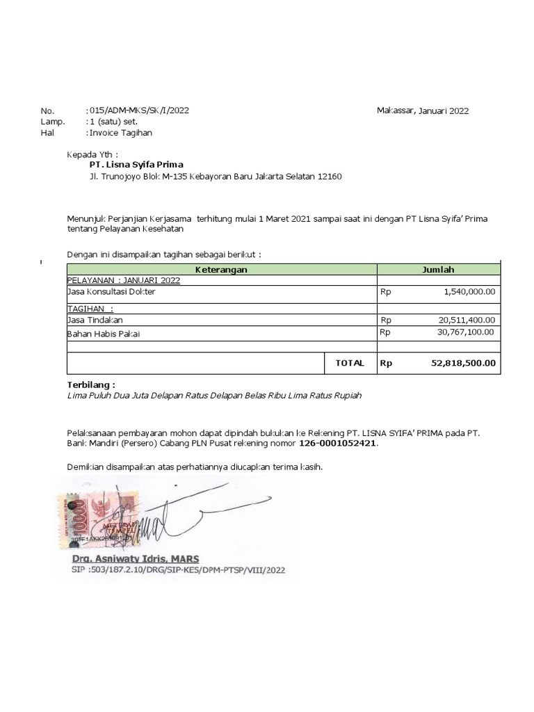 PT. Lisna Syifa Prima: Lima Puluh Dua Juta Delapan Ratus Delapan Belas ...