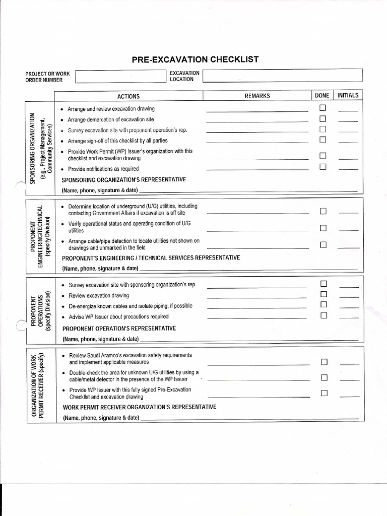 Pre Excavation Checklist | PDF