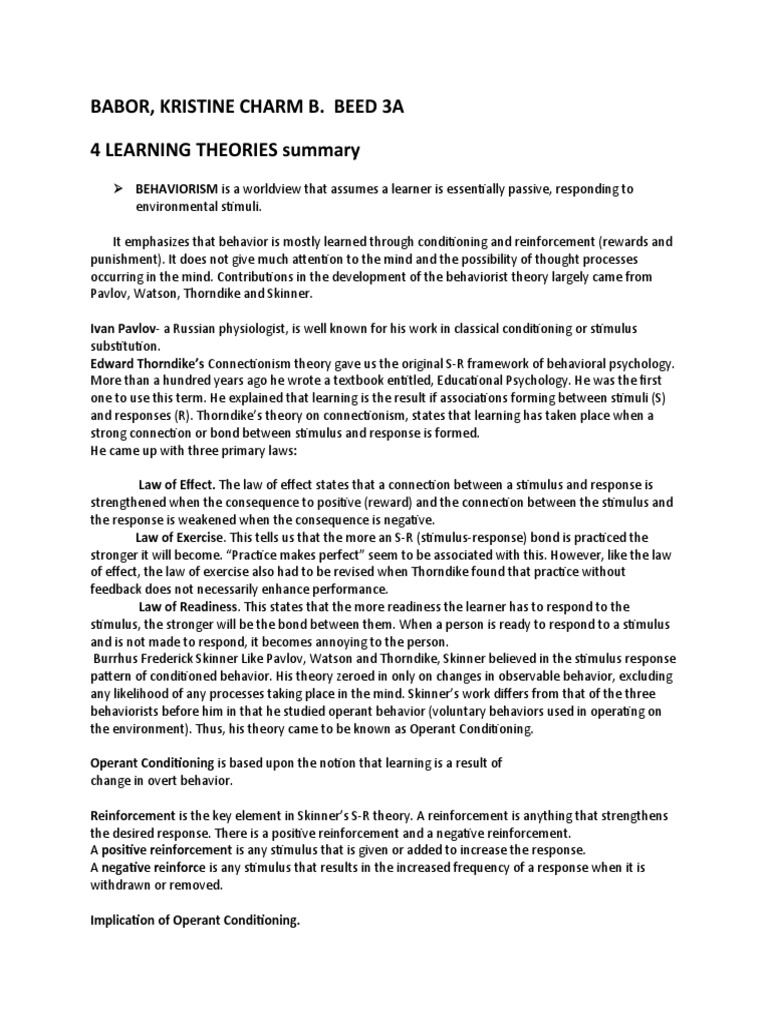 4 Learning Theories Summary Pdf