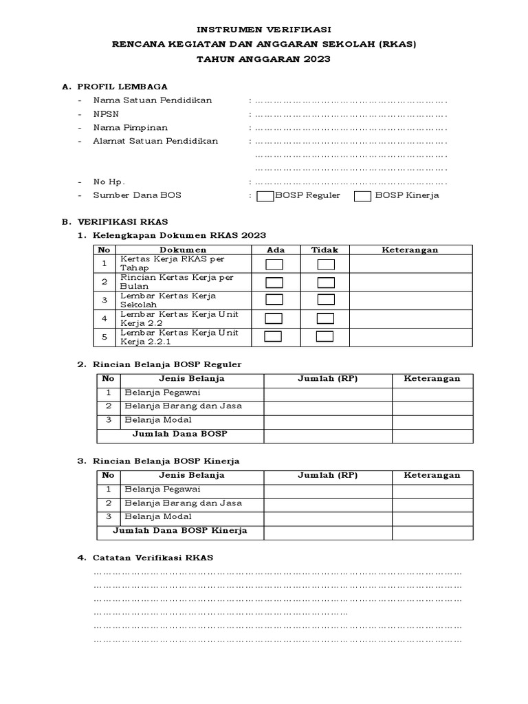 Instrumen Verifikasi RKAS | PDF