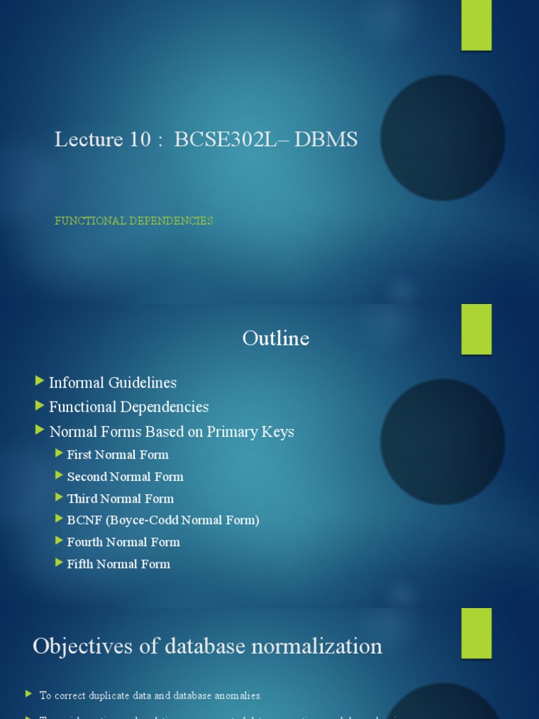 Lecture 10: BCSE302L - DBMS: Functional Dependencies | PDF | Data Management | Data Model
