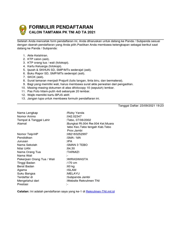 Formulir Pendaftaran: Calon Tamtama PK Tni Ad Ta 2021 | PDF