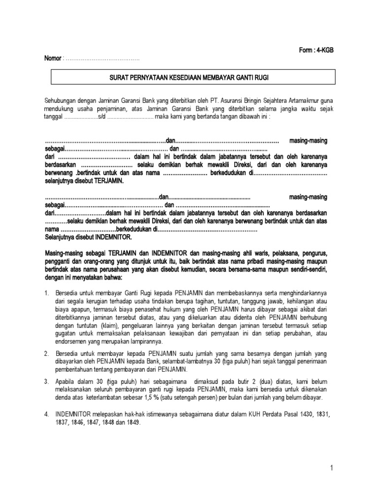 Form 4 - KGB (SURAT PERNYATAAN KESEDIAAN MEMBAYAR GANTI RUGI) | PDF