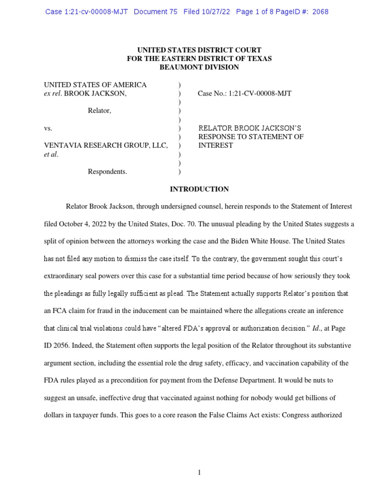 RELATOR BROOK JACKSON'S RESPONSE TO US STATEMENT OF INTEREST - 27oct2022 - Document 75 | PDF ...