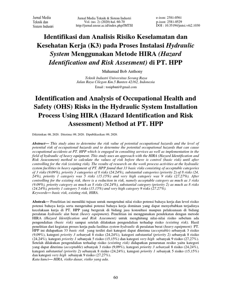 System Menggunakan Metode HIRA (Hazard Identification and Risk Assesment) Di PT. HPP | PDF ...