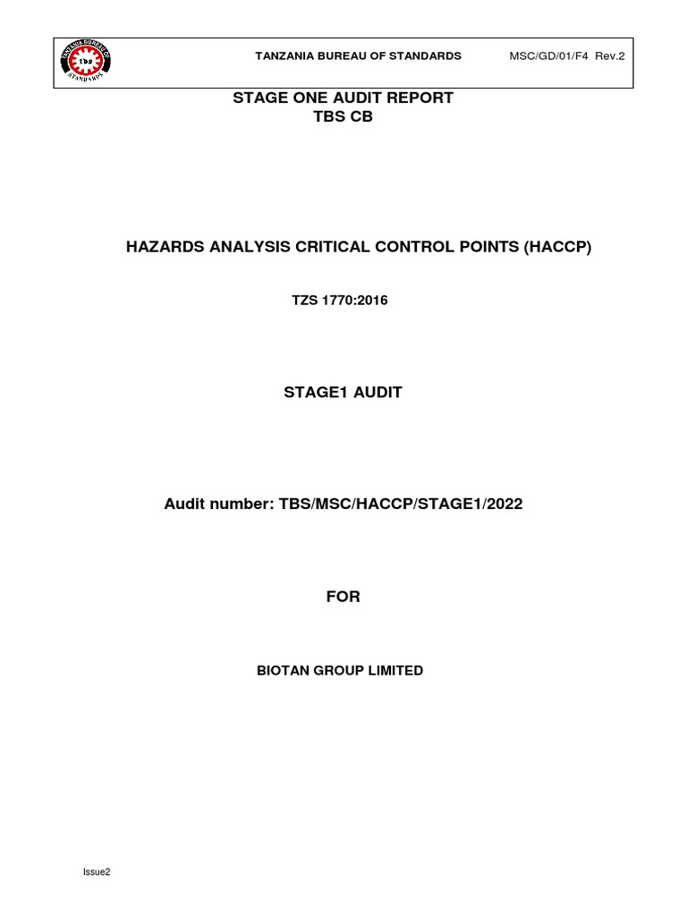 Stage One Audit Report Tbs CB: Tanzania Bureau of Standards Msc/Gd/01/F4 Rev.2 | PDF | Audit ...