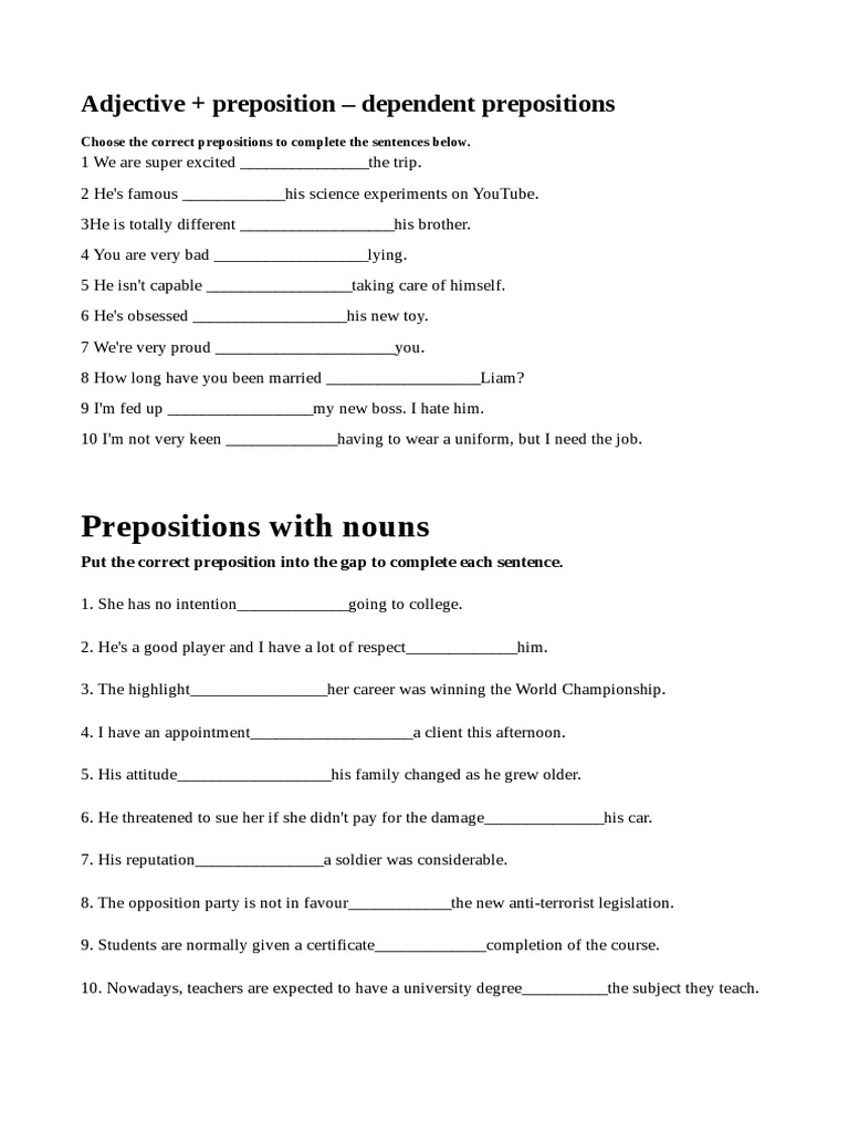 Prepositions With Nouns: Adjective + Preposition - Dependent ...
