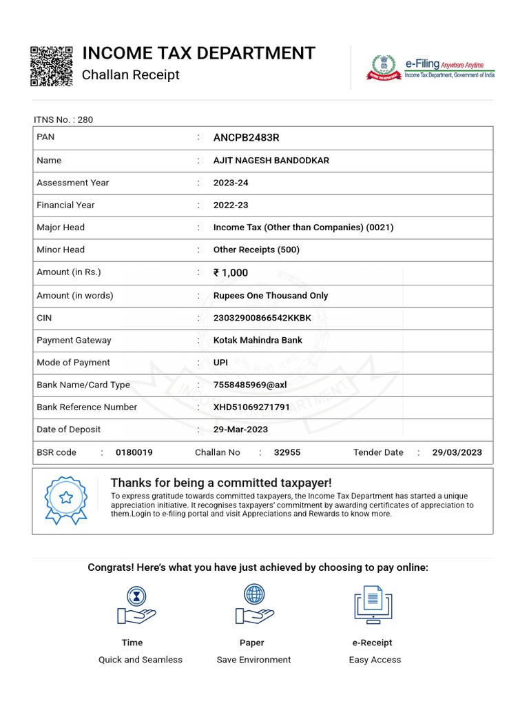 Income Tax Challan Receipt 2023-24 | PDF | Business | Law