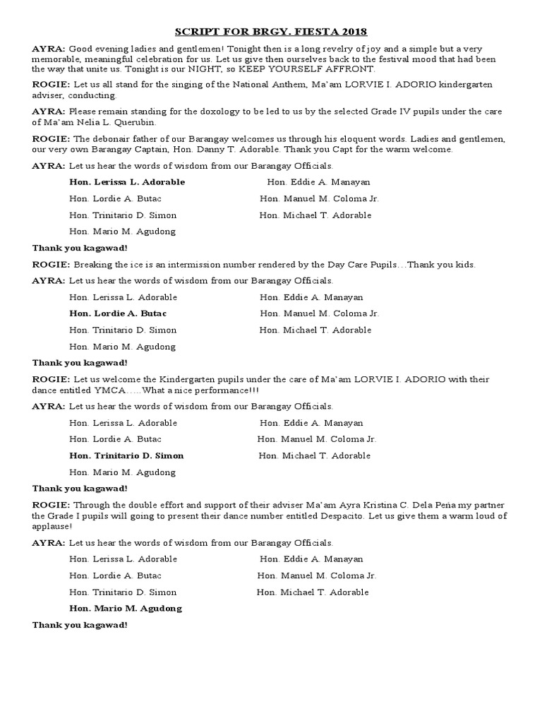 Script For Fiesta 2018 | PDF