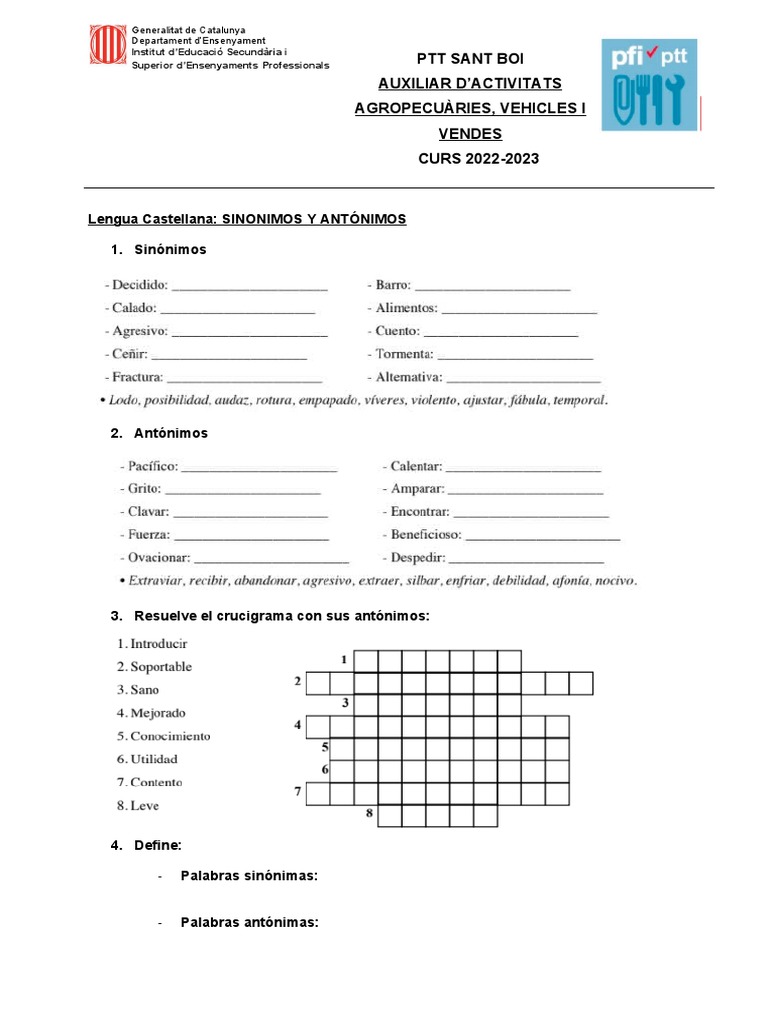 Ejercicios Sinonimos y Antonimos | PDF