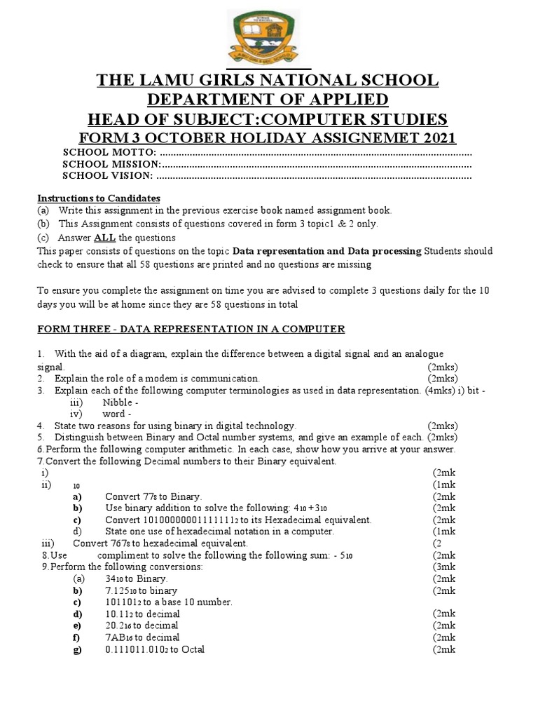 Form3 Term1 October Holiday Assignment 2021 | PDF