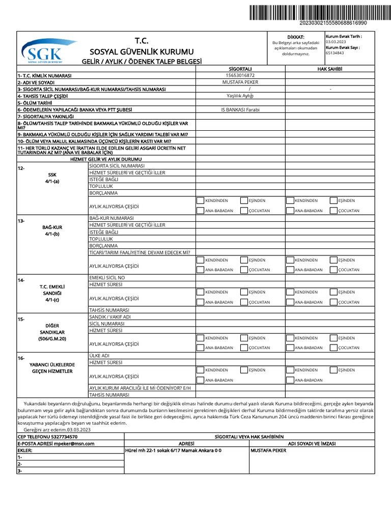 T.C. Sosyal Güvenlik Kurumu: Gelir / Aylik / Ödenek Talep Belgesi | PDF