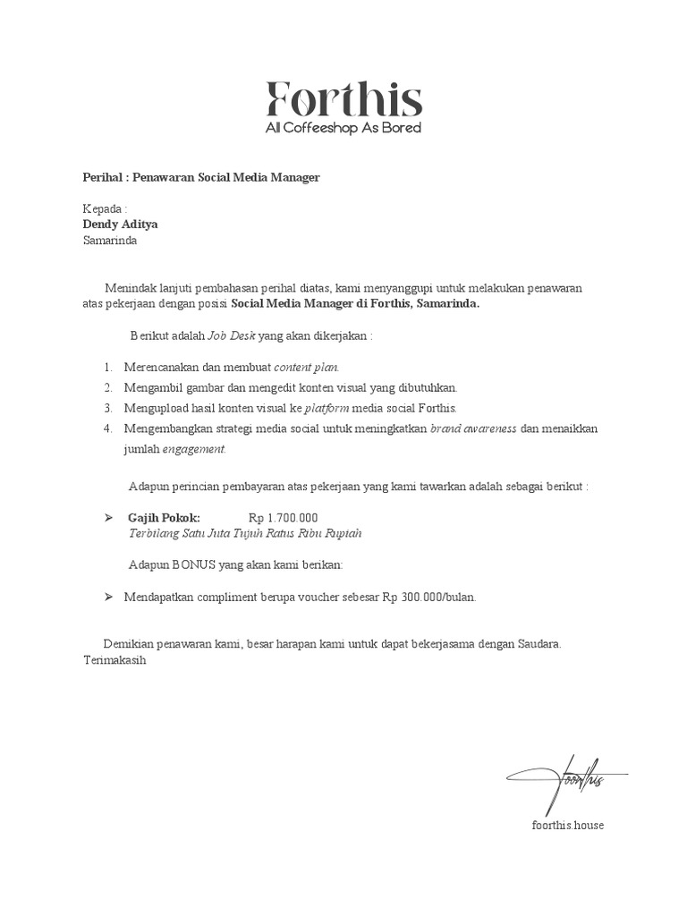 Foorthis - Surat Penawaran Social Media Manager | PDF