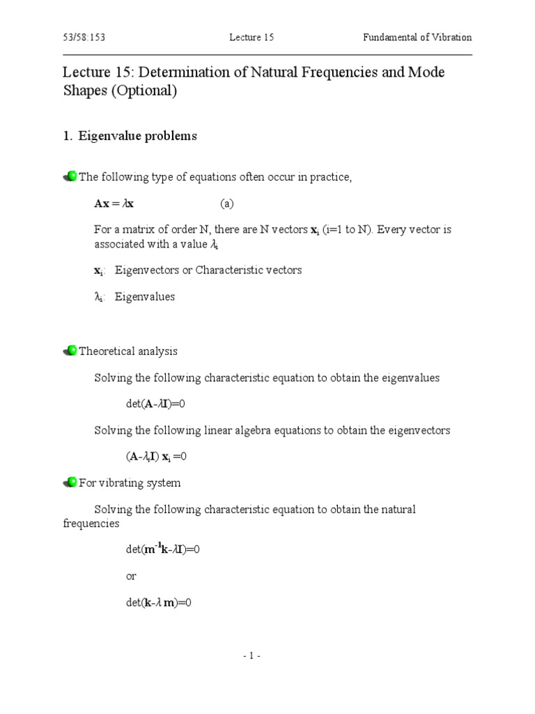 Lecture 15: Determination of Natural Frequencies and Mode Shapes ...