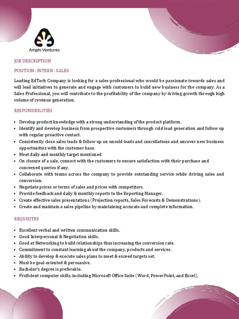 Amphisoft - JD - Sales (Intern) | PDF | Career & Growth | Business