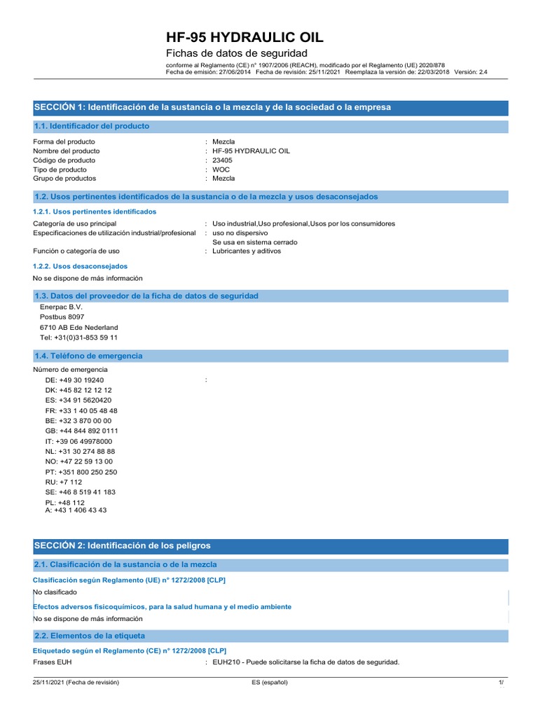 Ficha de Seguridad del Aceite Hidráulico HF-95 | PDF | Agua | Toxicidad