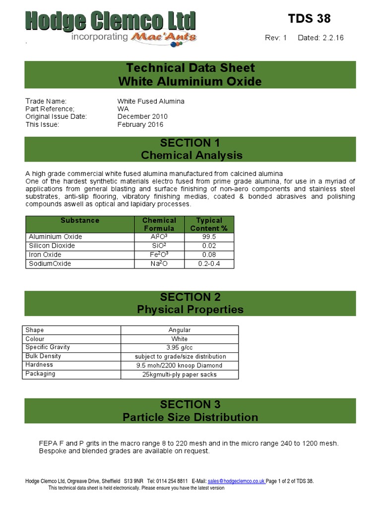 TDS 38 White Aluminium Oxide | Download Free PDF | Aluminium Oxide ...