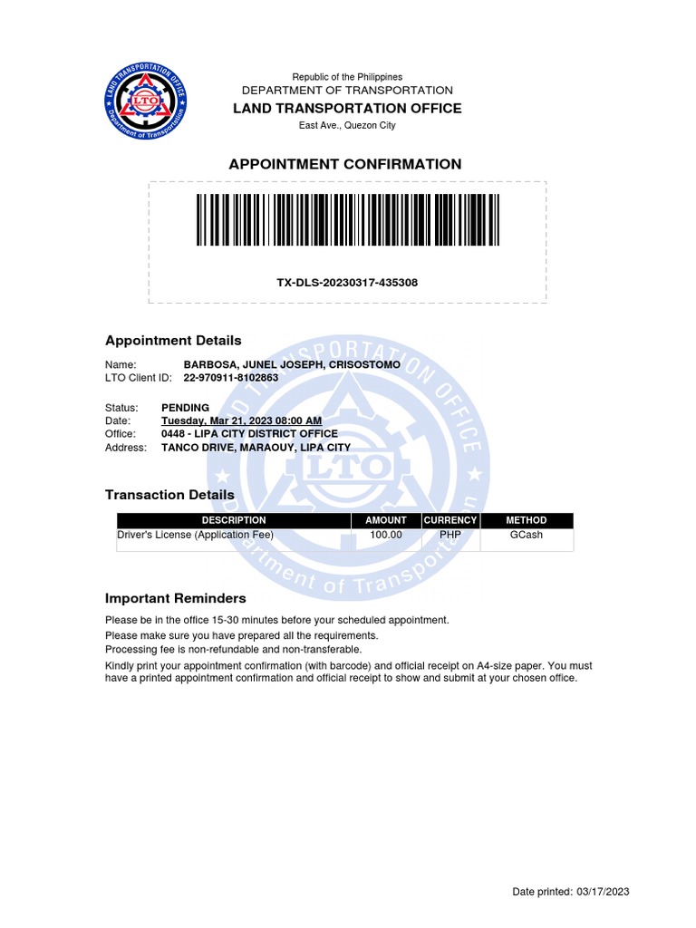Texas Drivers License Appointment Confirmation | PDF