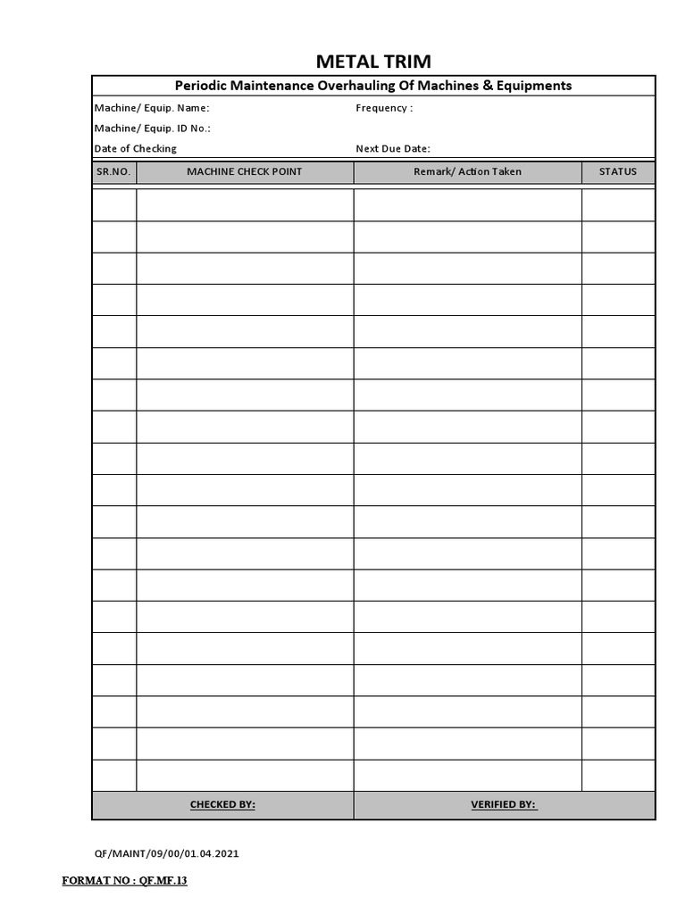 Metal Trim: Periodic Maintenance Overhauling of Machines & Equipments | PDF