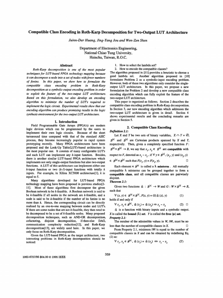 Compatible Class Encoding in Roth-Karp Decomposition For Two-Output LUT Architecture | PDF ...