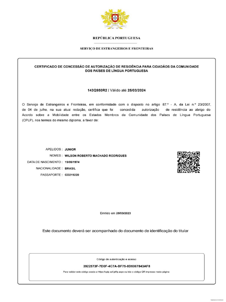 Certificado de Concessão de Autorização de Residência para Cidadãos Da ...