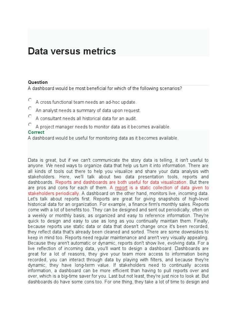 Data Versus Metrics | PDF | Return On Investment | Performance Indicator