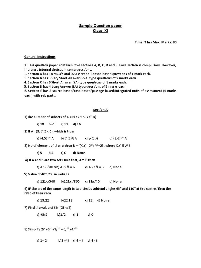 Sample Question Paper Class XI - Maths - SEE 2022-23 | PDF | Ellipse ...