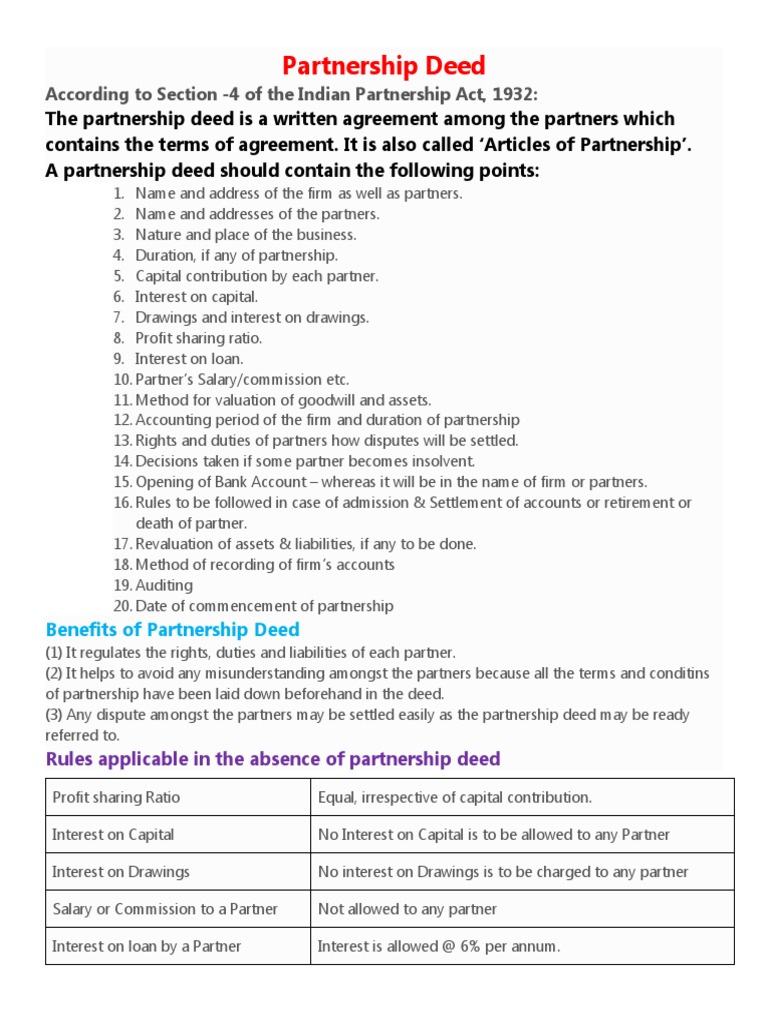 Partnership Deed: According To Section - 4 of The Indian Partnership ...