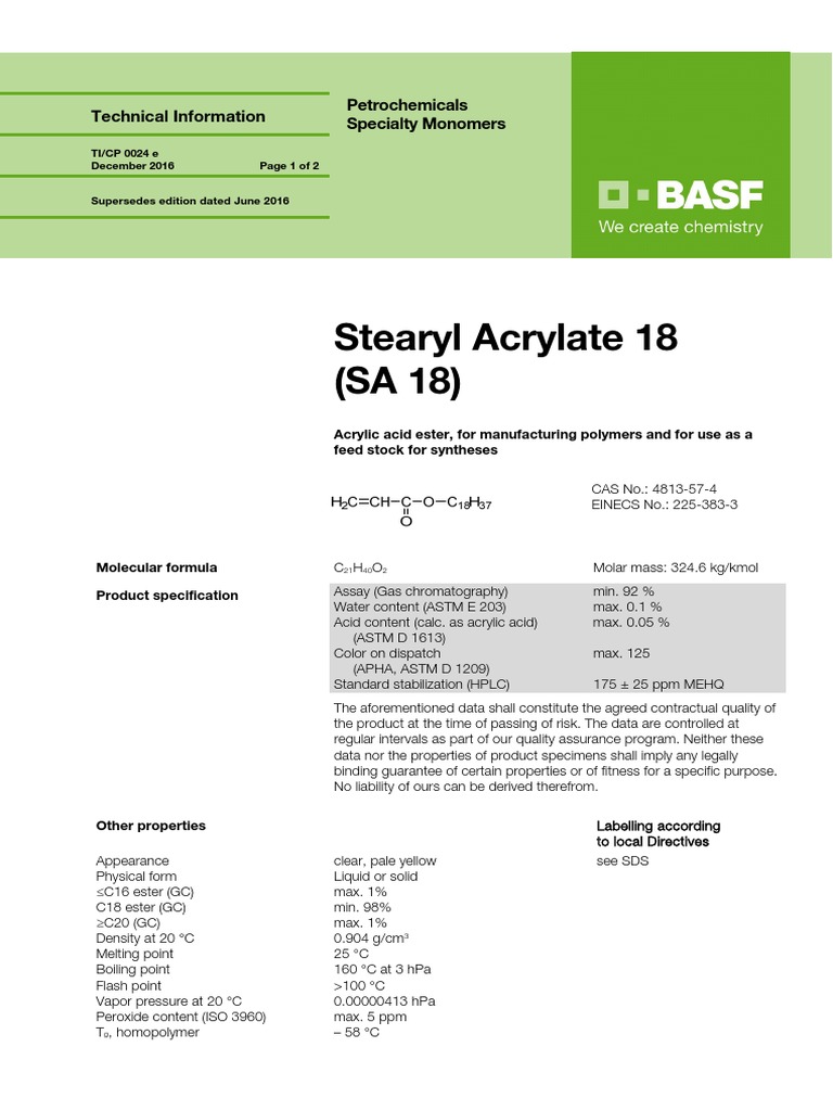Stearyl Acrylate (SA 18 BASF) | PDF | Copolymer | Polymers