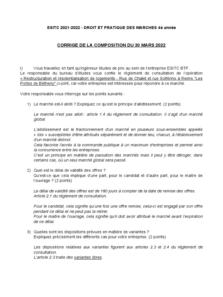 Droit des marchés publics : corrigé 2022 | PDF | Assurance | Économie