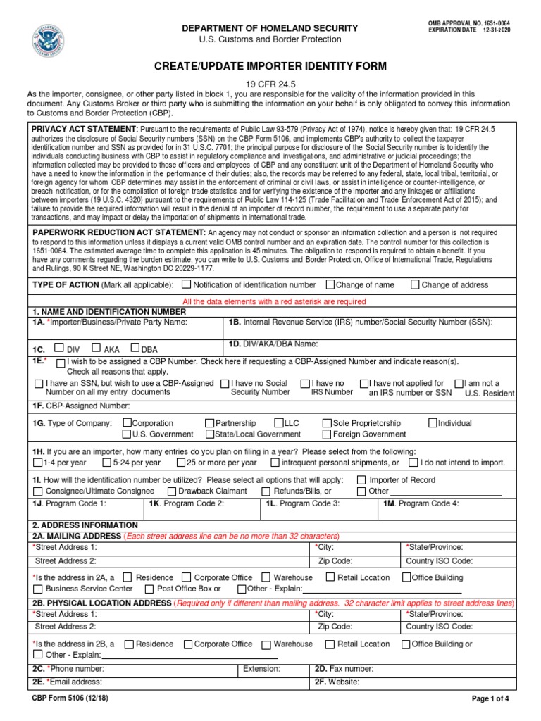 US - CBP Form 5106 (03-2019) | PDF