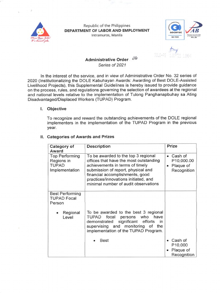 AO 116 21 Supplemental Guidelines On Institutionalizing The Kabuhayan Awards - Awarding of Best ...