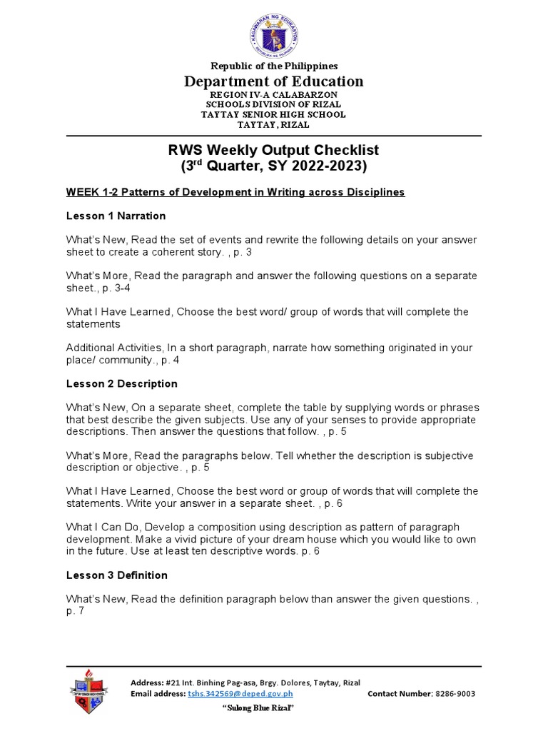 RWS Weekly Output Checklist Guide | PDF | Linguistics | Cognitive Science