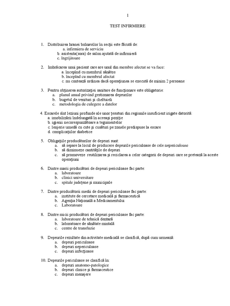 Teste Grila Infirmiere Ingrijitoare Brancardier | PDF
